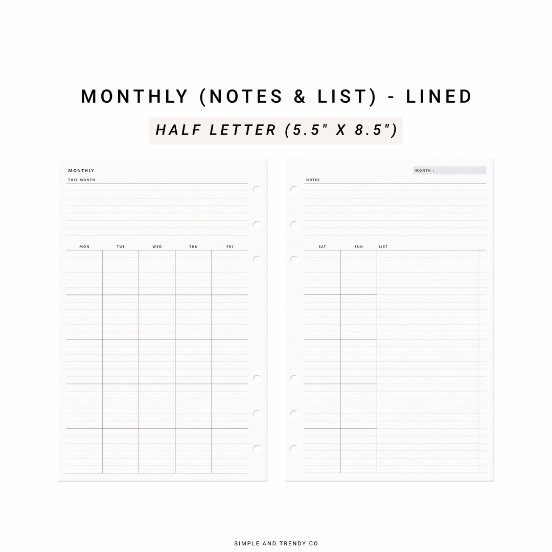 Monthly Planner Half Size Half Inserts, Printable Monthly Notes ...