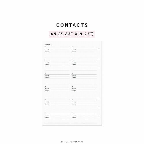 A5 Contact List Printable Contact Sheet Printable Contacts - Etsy