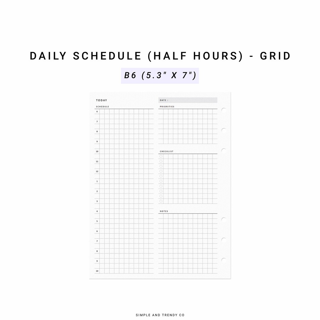 Daily Planner Printable B6 Inserts, Daily Planners Half Hour, Daily ...