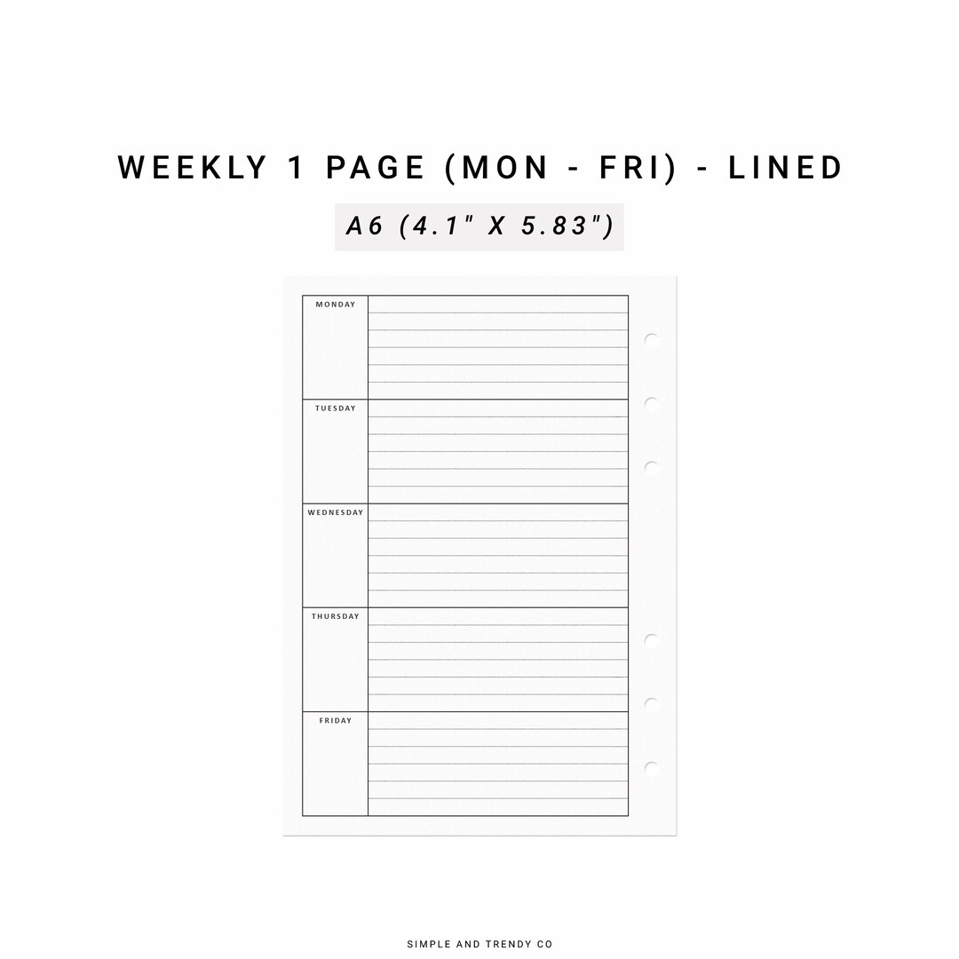 Mon-fri Weekly Planner, Work Week, Weekly 1 Page, Weekly on One Page ...