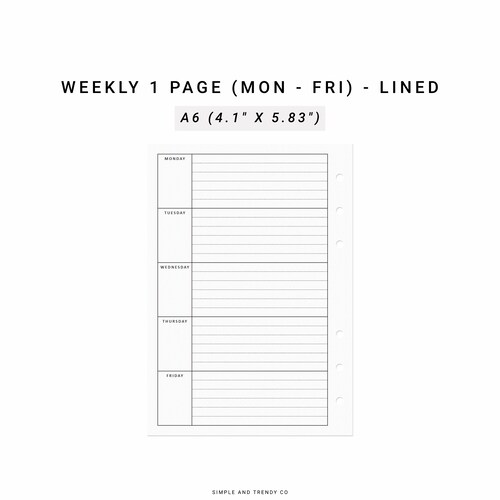Week on One Page Printable A6 Inserts Weekly 1 Page Vertical - Etsy