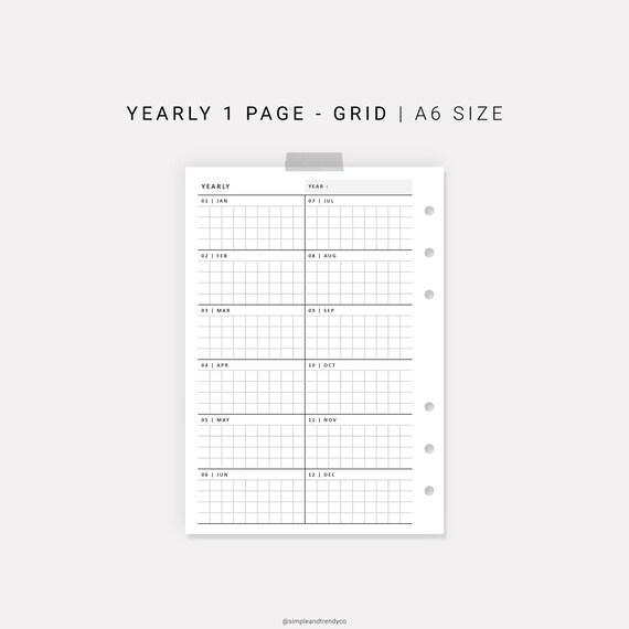 Year at A Glance A6 Inserts Yearly 1 Page Yearly Planner | Etsy