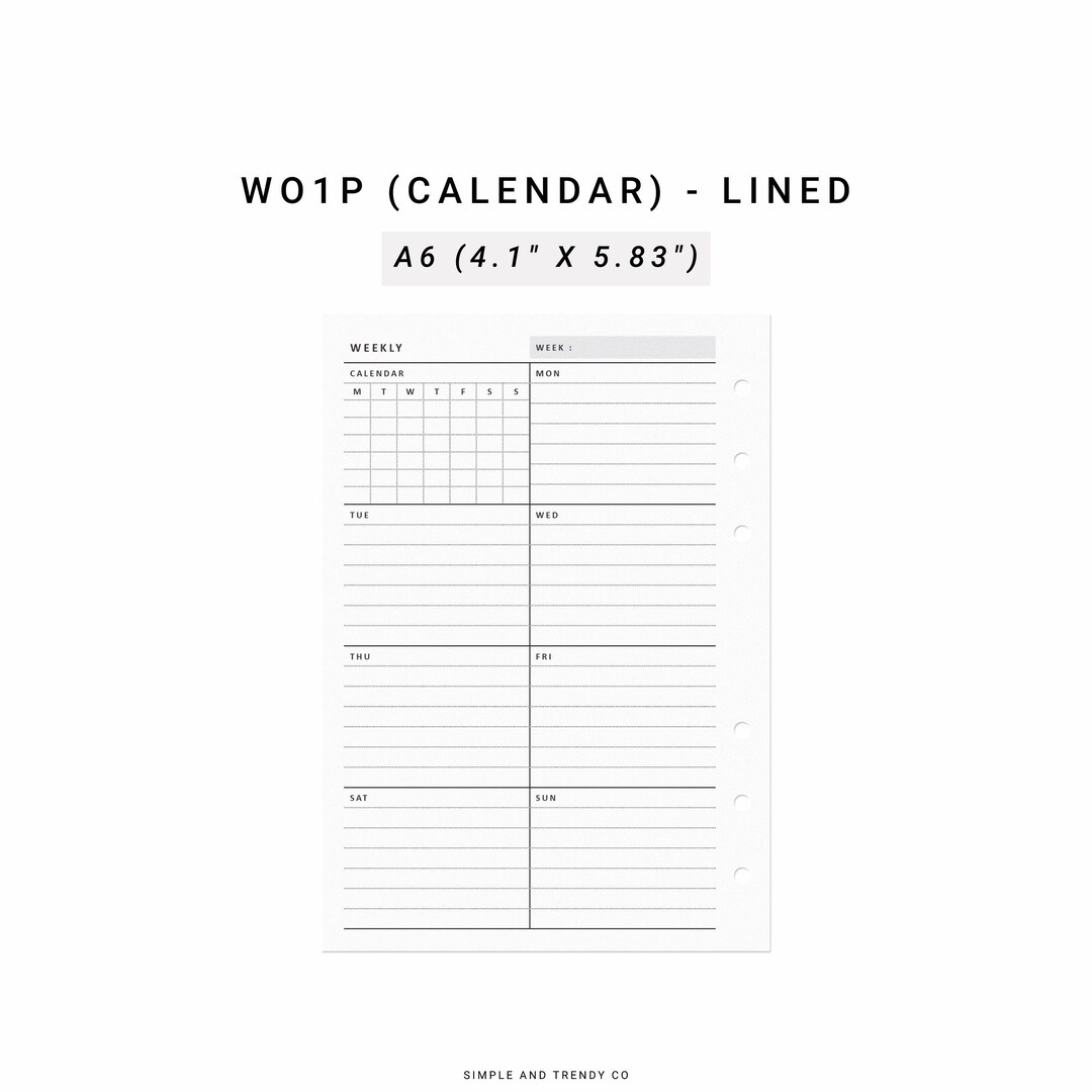 Week on One Page Printable A6 Inserts, Weekly 1 Page Vertical Weekly ...