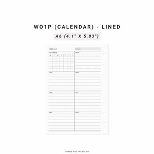 Week on One Page Printable A6 Inserts, Weekly 1 Page Vertical Weekly ...