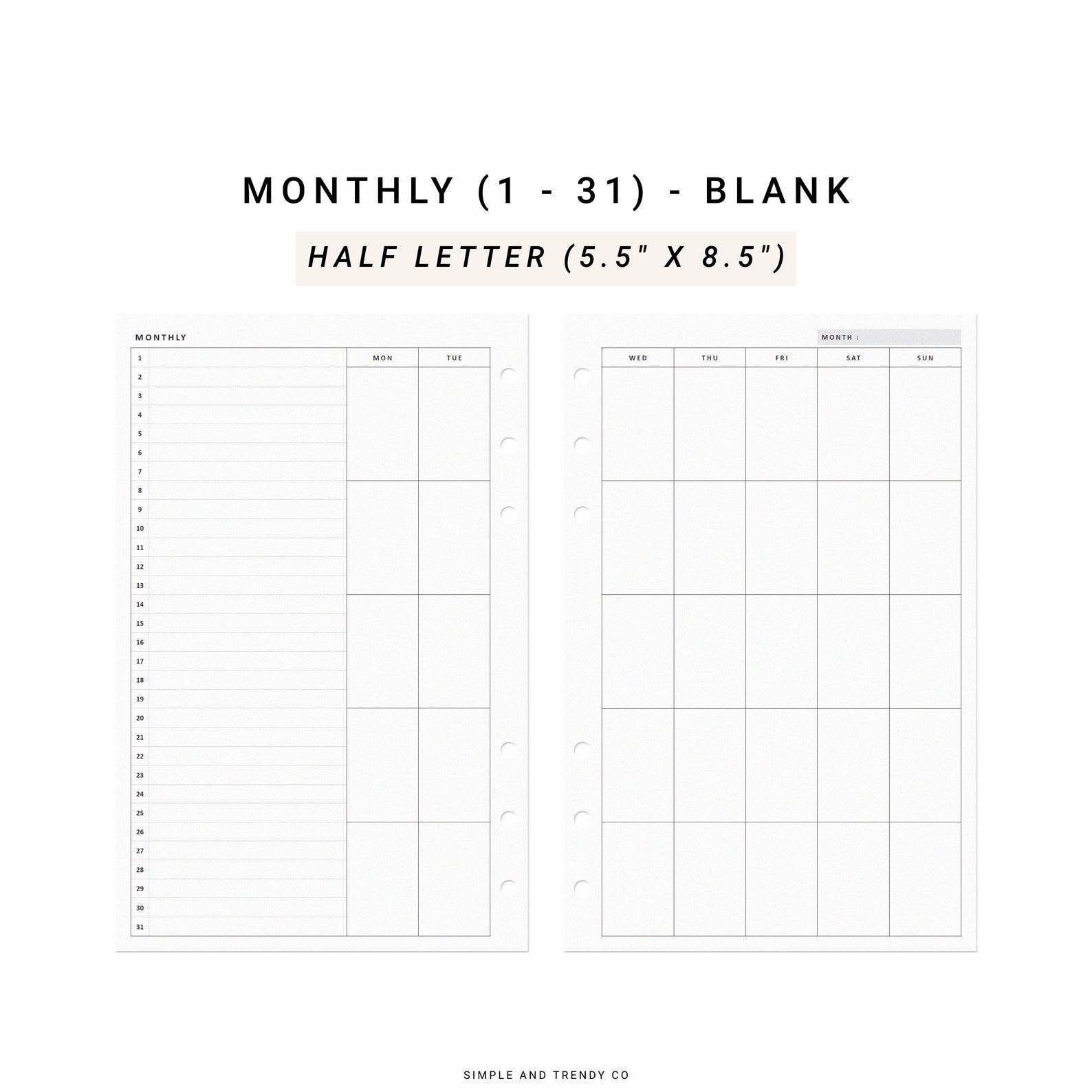 Monthly Planner Printable Half Size Half Letter Inserts - Etsy