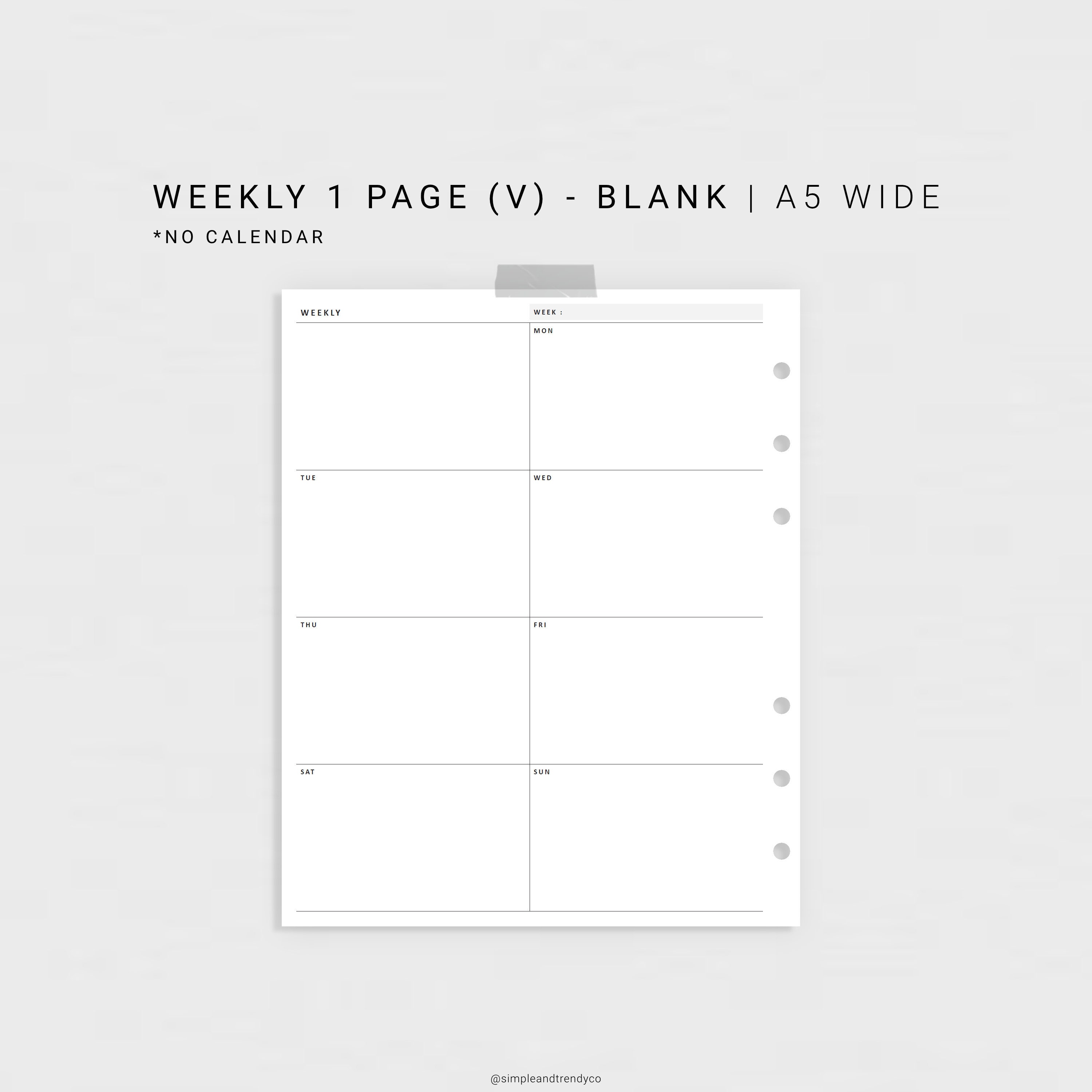 Week on One Page Printable A5 Wide Weekly 1 Page Vertical | Etsy