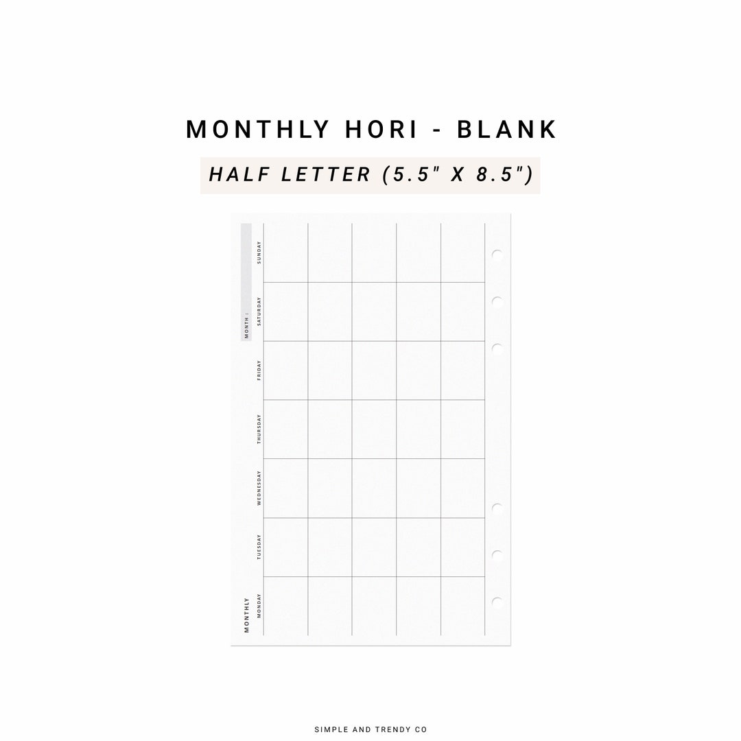Month on One Page Horizontal Printable MO1P Half Size Half - Etsy