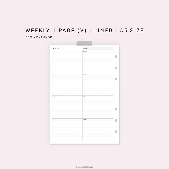 Week on One Page Printable A5 Planner Inserts Weekly 1 Page | Etsy