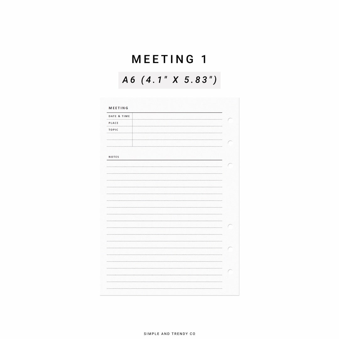 Meeting Notes A6 Inserts, Meeting Agenda Work Planner, Meeting Planner ...