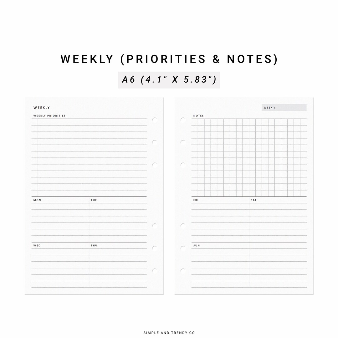 Weekly Planner A6 Inserts , Weekly Agenda WO2P, Printable Weekly ...
