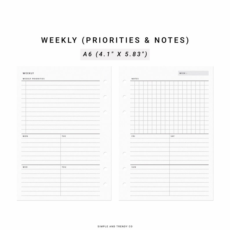Weekly Planner A6 Inserts Weekly Agenda WO2P Printable - Etsy