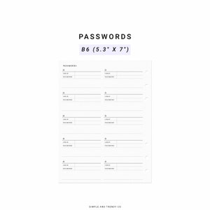 Printable Password Log B6 Inserts, Password Keeper Password Organizer, Password Template Insert ...
