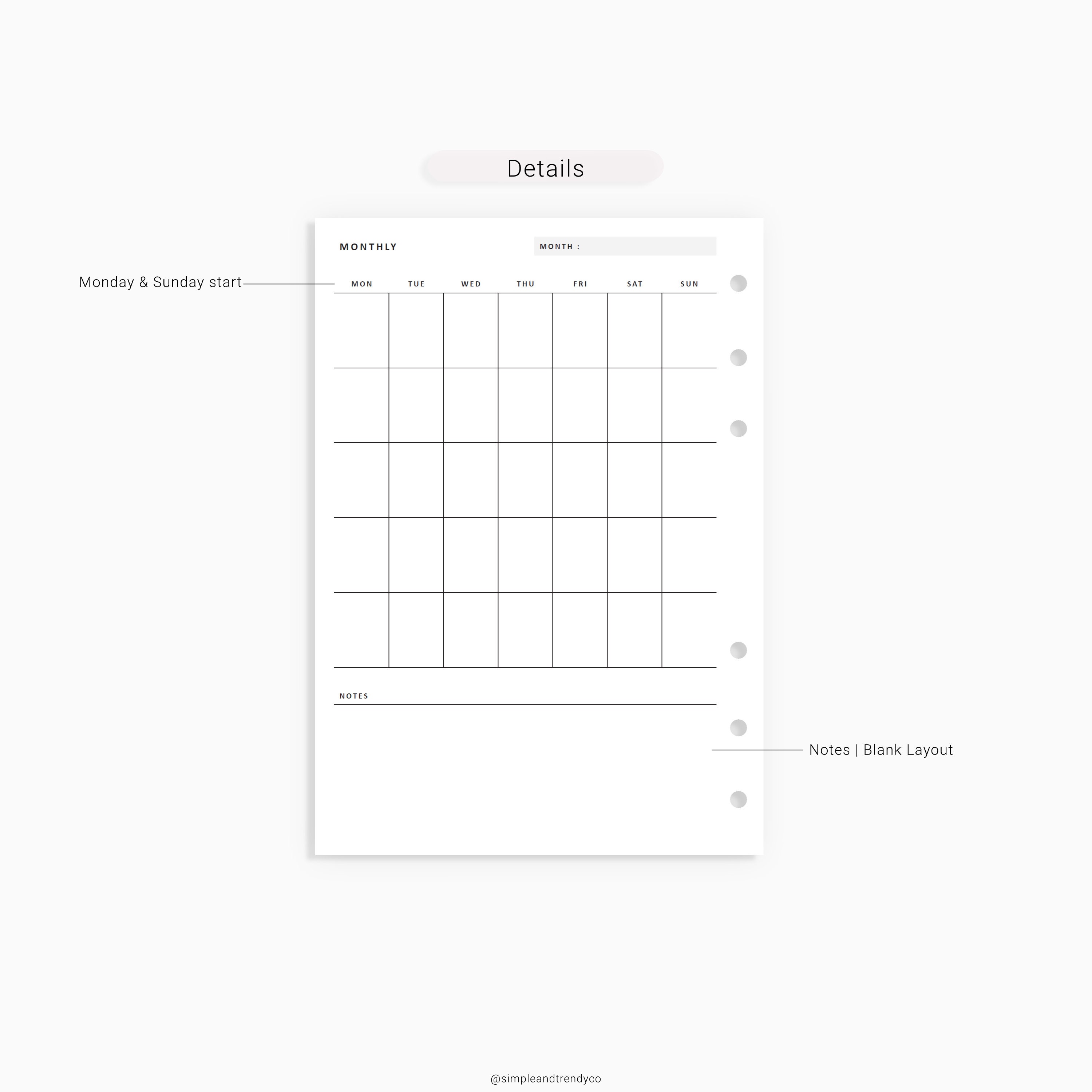 Month on One Page MO1P Personal Wide Undated Monthly Planner | Etsy
