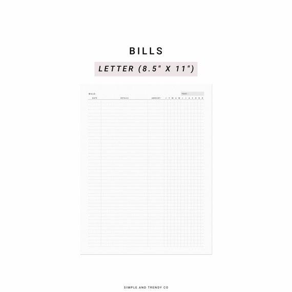 Bill Tracker Printable US Letter Size Monthly Bill Payment - Etsy