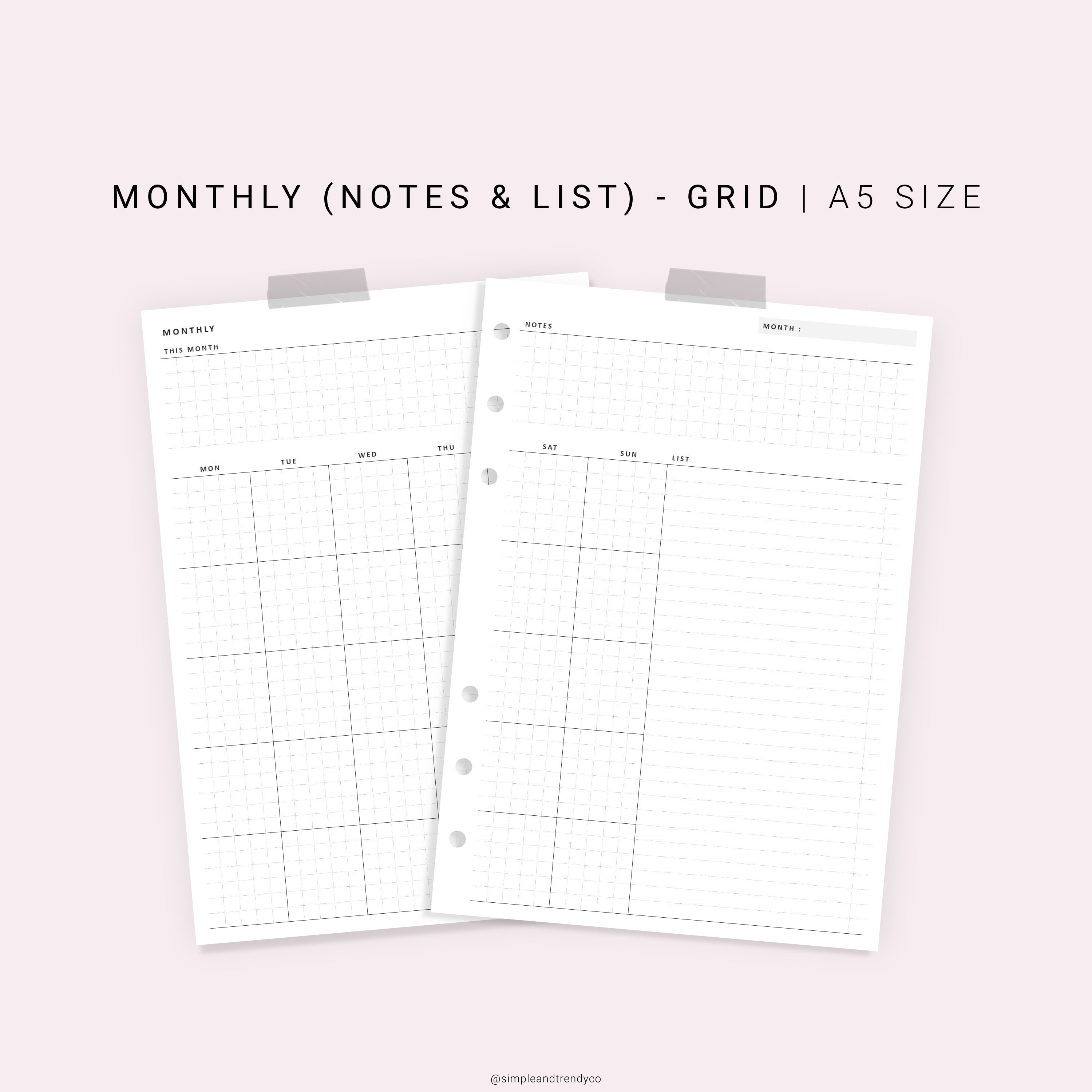 Monthly Planner A5 Planner Inserts Printable Monthly Notes | Etsy