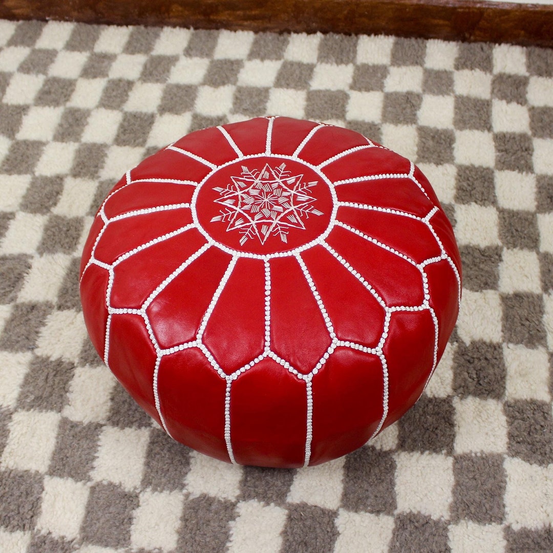 Moroccan Red Leather Round Pouf Ottoman Ottoman Footstool, Footrest ...