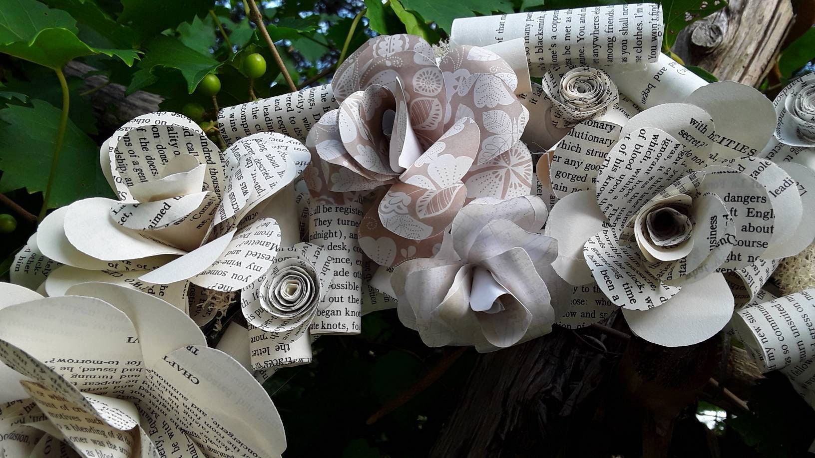 Book Wreath with Neutral Print Paper Flowers Book Page | Etsy