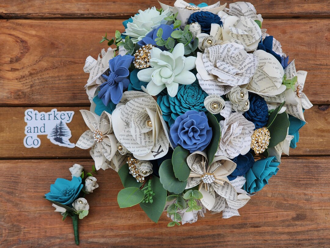 Book Flower Bouquet With Teal, Blue, Navy and Mint Sola Wood Flowers ...