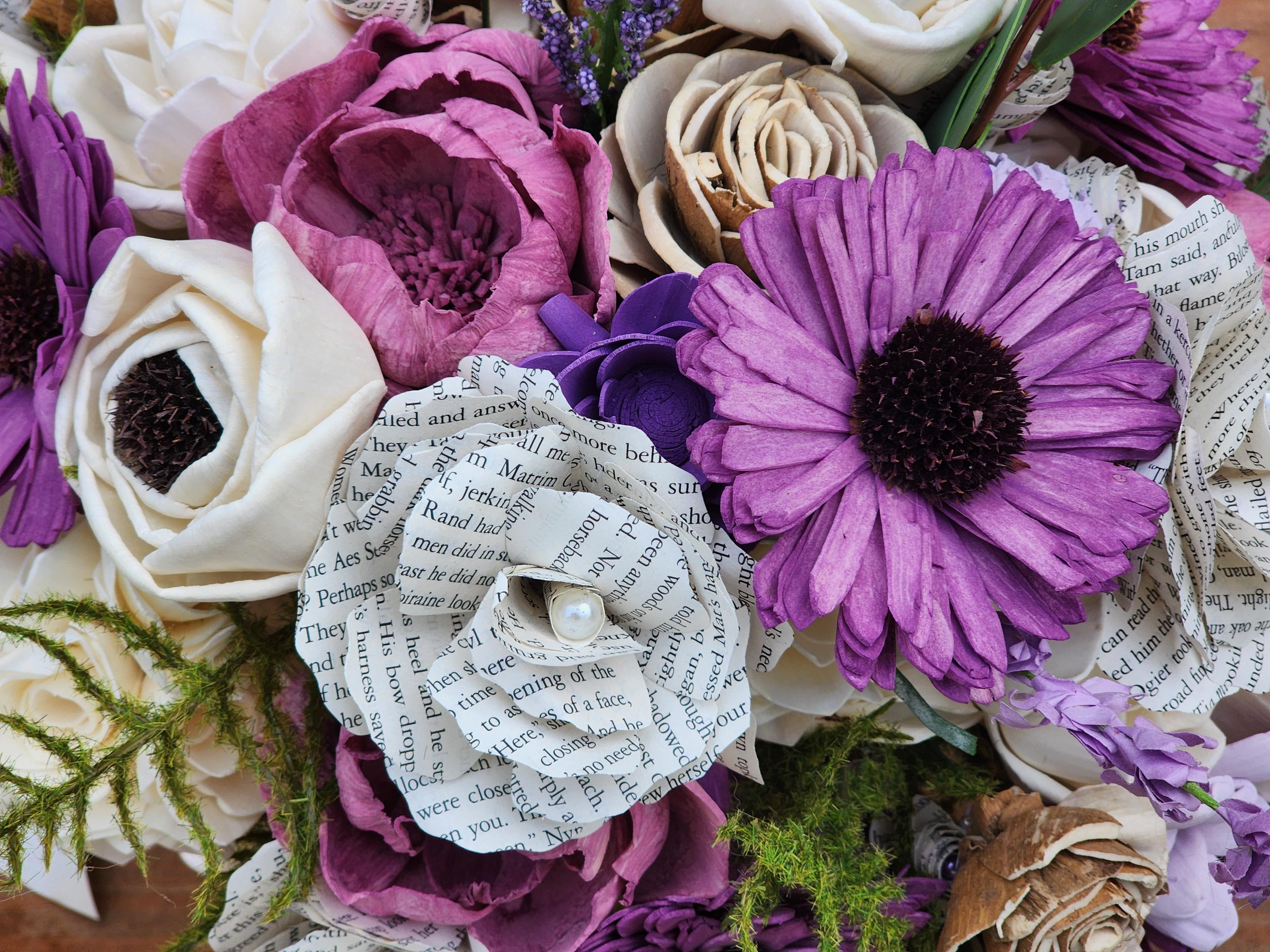 Storybook Wedding Bouquet: Ivory & Purple Sola Wood Flowers With Book ...