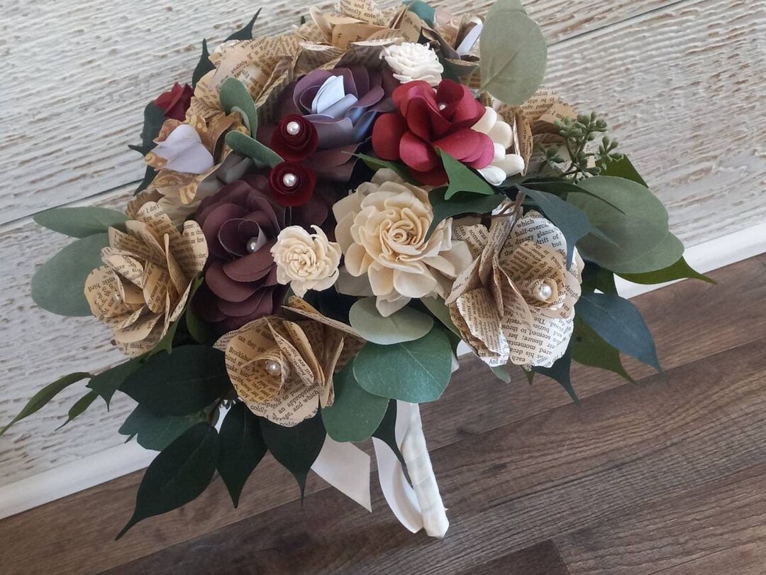 Book Page and Sola Wood Flower Brides Bouquet in Red and Burgundy ...