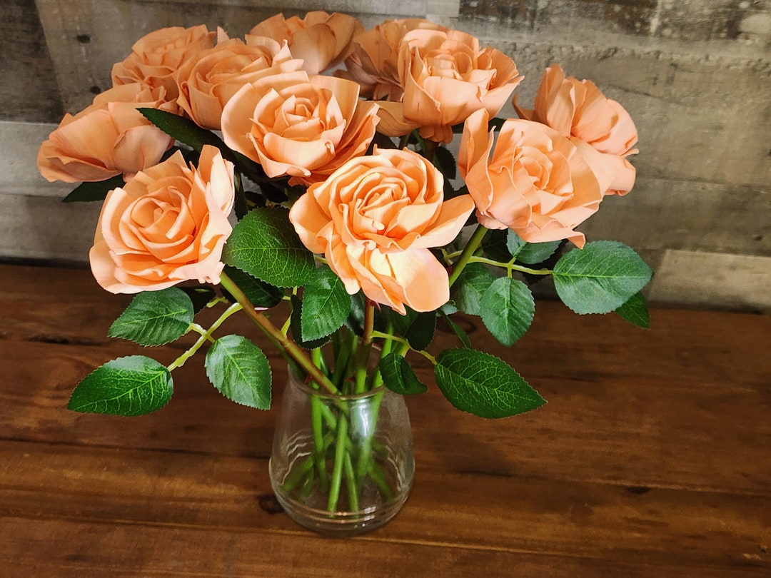 Dozen Roses, Peach Rose Wood Flowers, Gift for Her, Ready to Ship ...