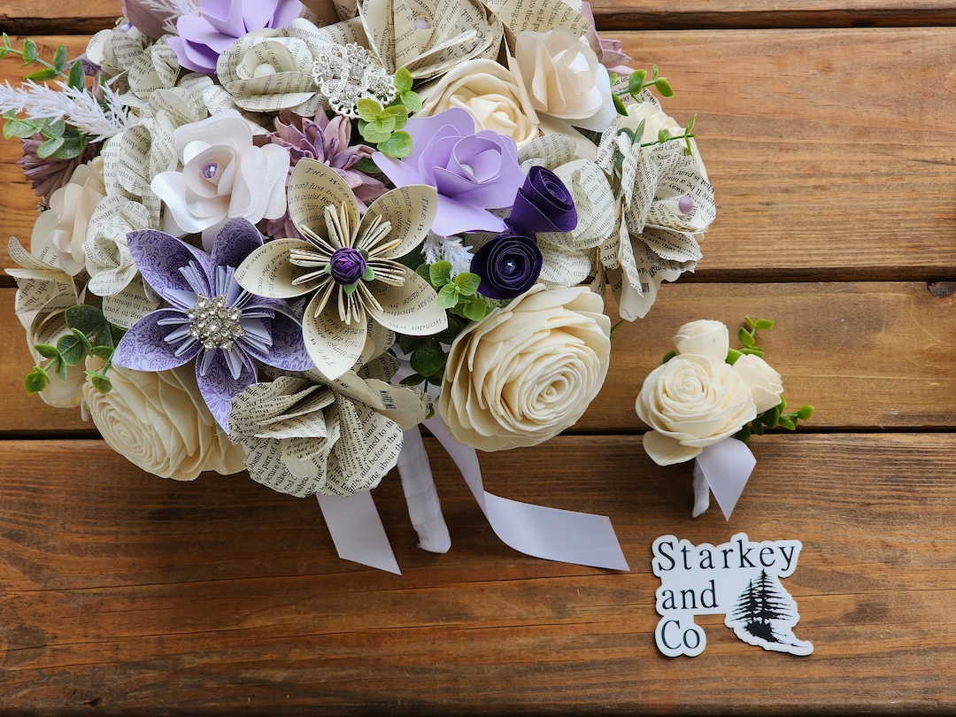 Book Page and Sola Wood Flower Brides Bouquet in Shades of Purple and ...