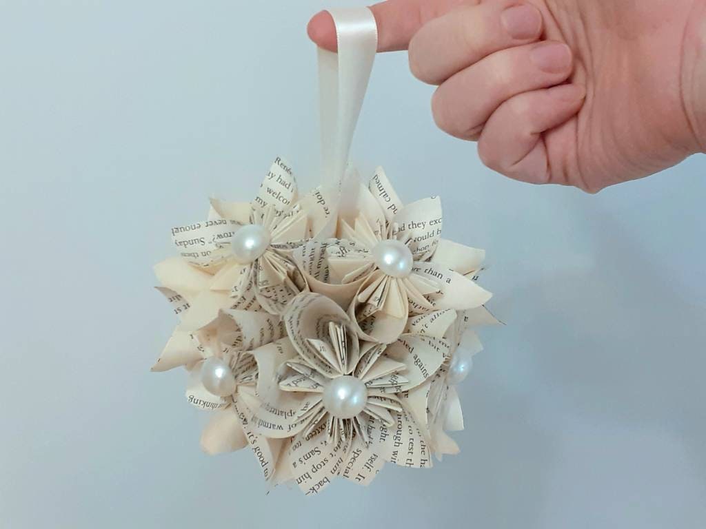 Book Page Kusudama Flower Ball: Origami Pomander With Pearl Accent - Etsy