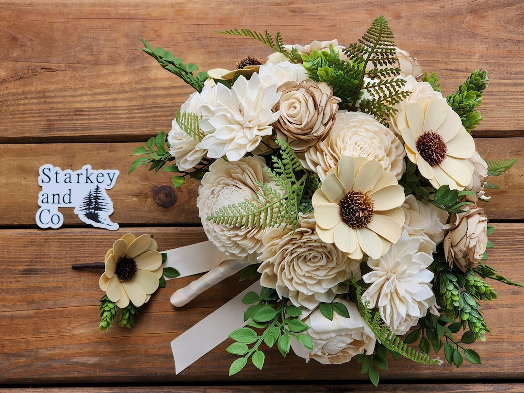 Sola Wood Bridal Bouquet W/ Matching Boutonniere, Classic Ivory Brides ...