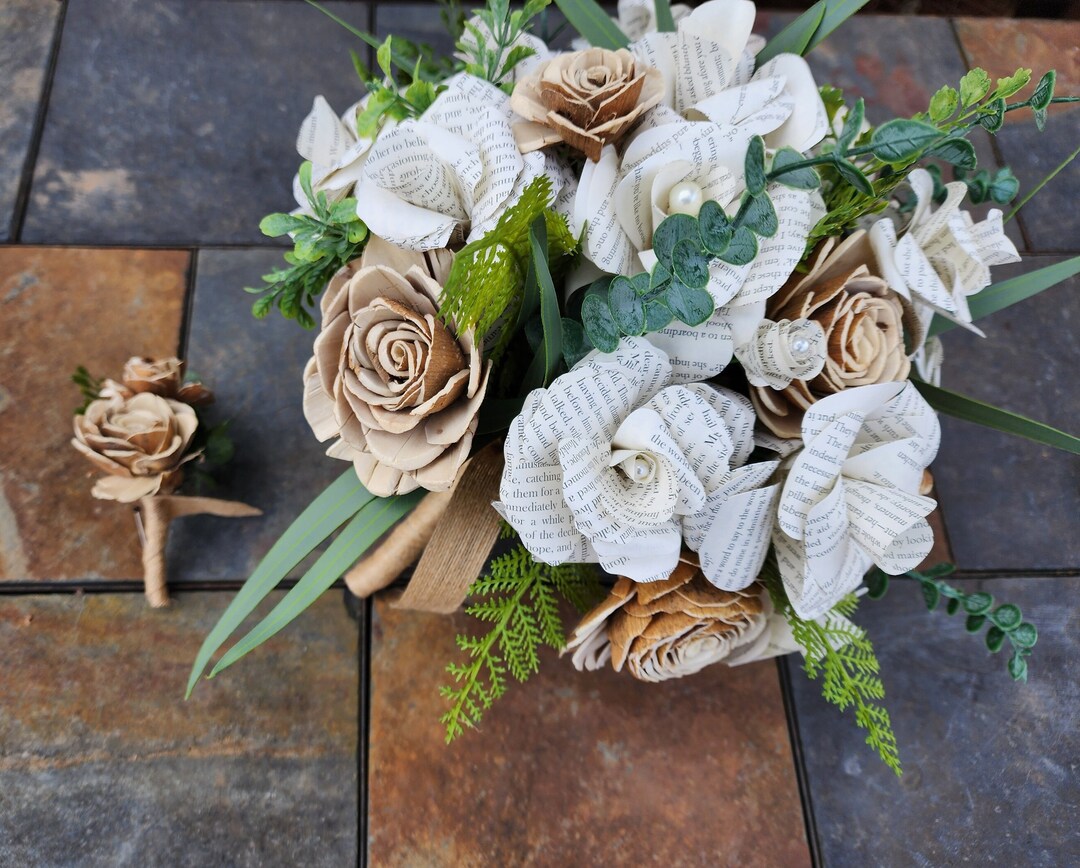 Literary Wedding Bouquet: Book & Sola Wood Flowers, Rustic Bridal ...
