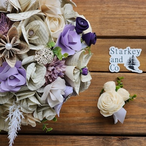 Book Page and Sola Wood Flower Brides Bouquet in Shades of Purple and ...