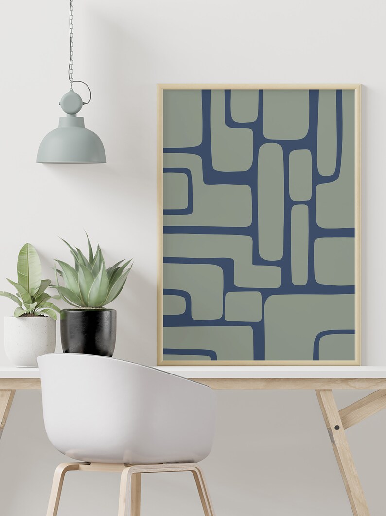 Abstract Printable Olive Green Prints Blue Line Art | Etsy