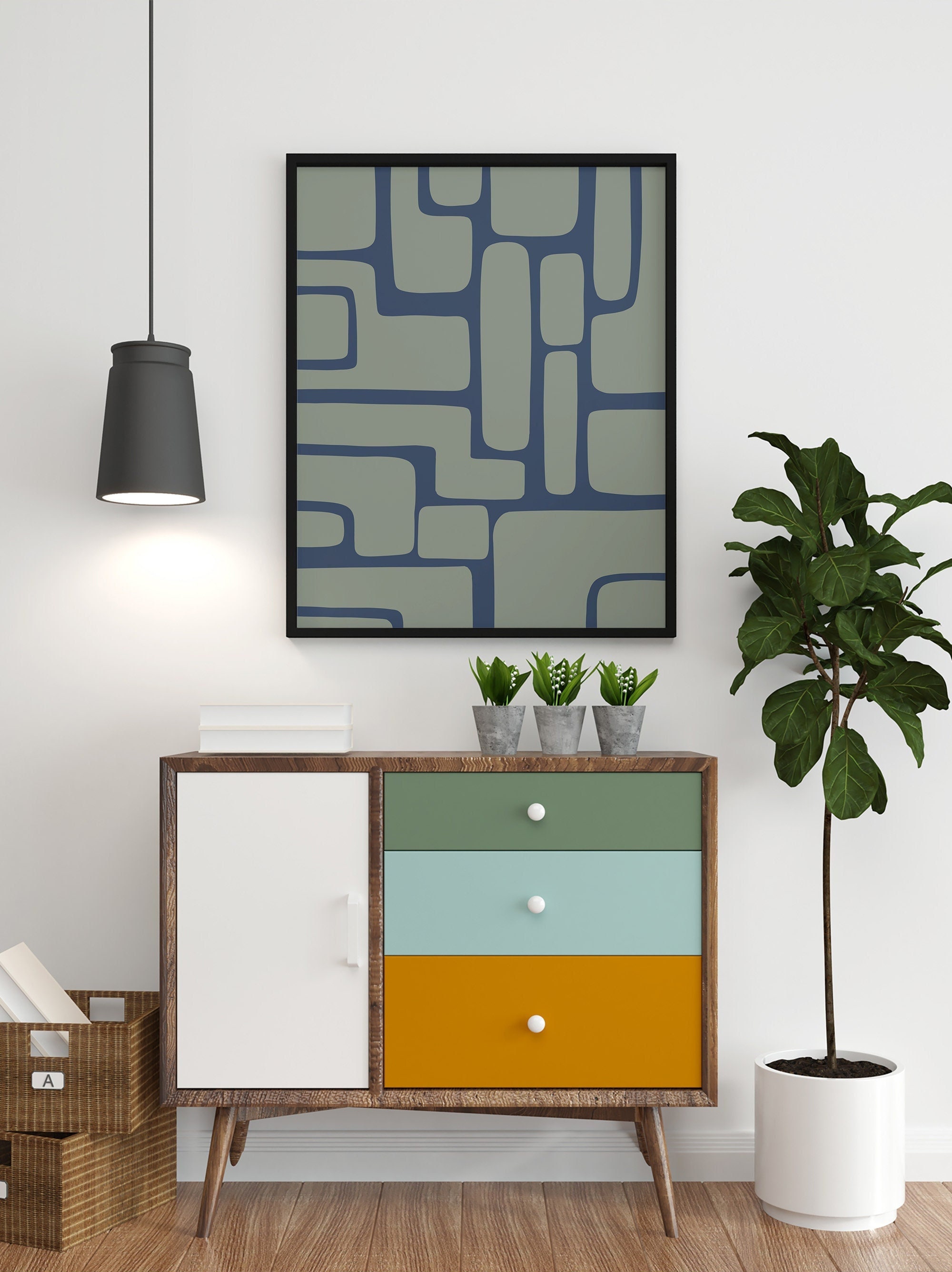 Abstract Printable Olive Green Prints Blue Line Art | Etsy