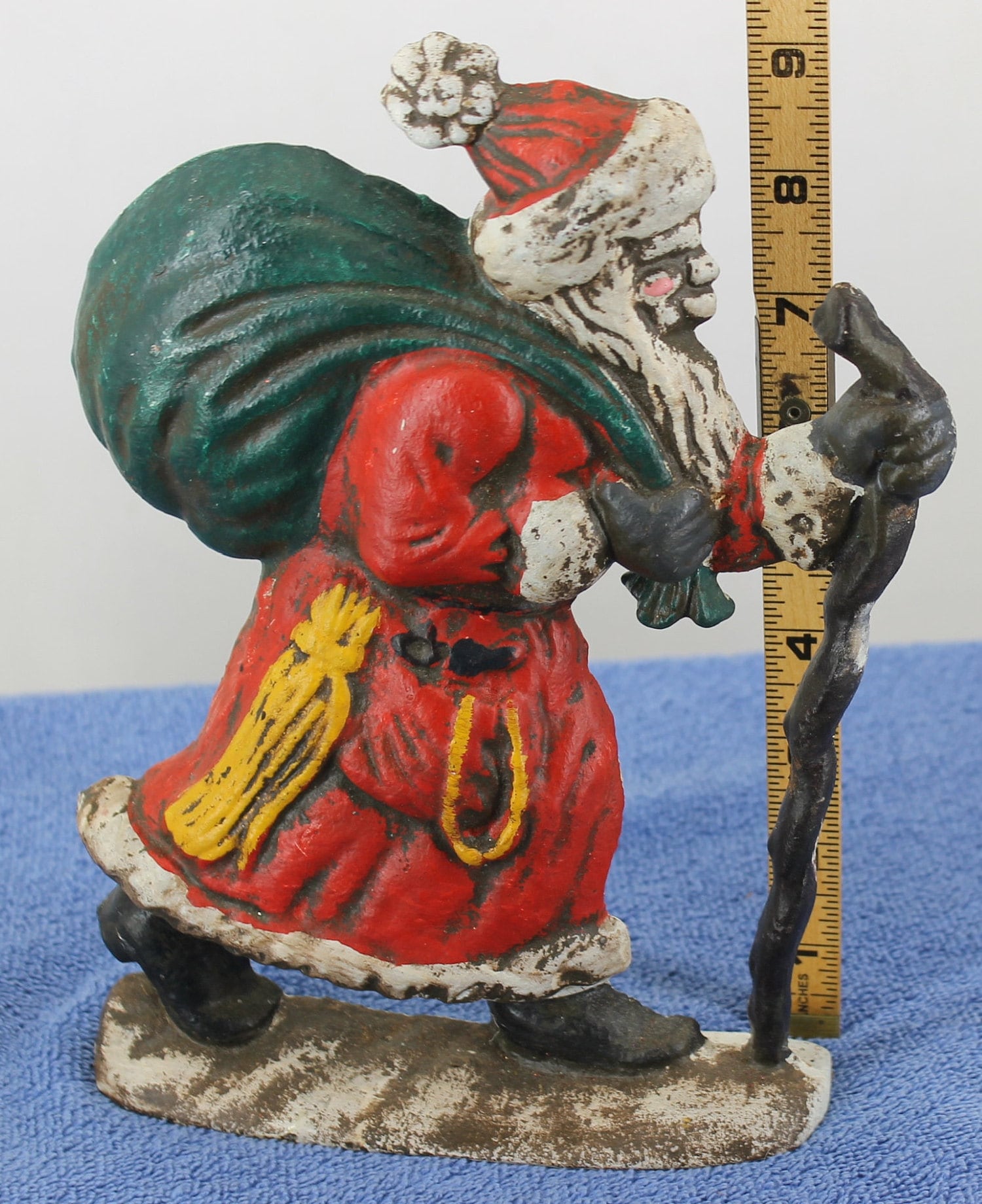 Cast Iron Old World Santa Door Stop W/ Toy Bag and Staff Great Patina ...