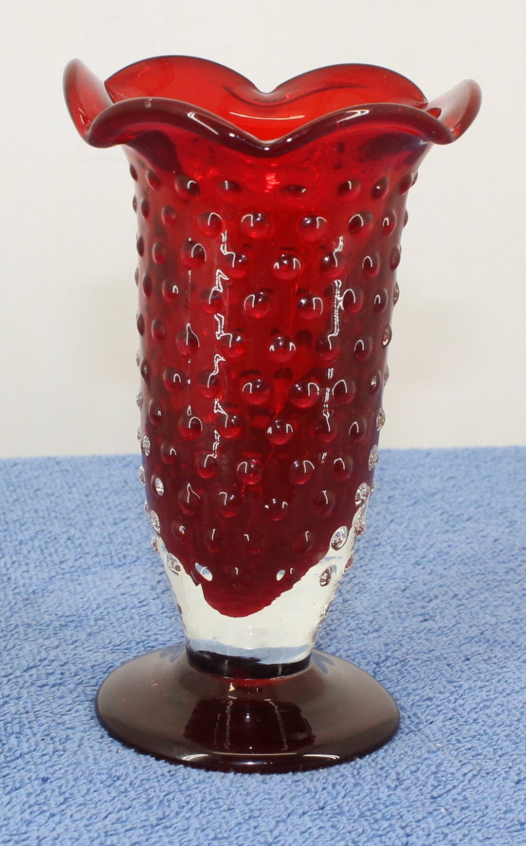 6" Red Glass & Clear Glass Art Glass Hobnail Vase Petal Top - Etsy