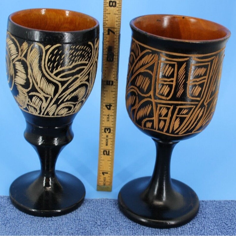 Wood Goblets Hand Carved Black Brown 7" Very Detailed - Etsy