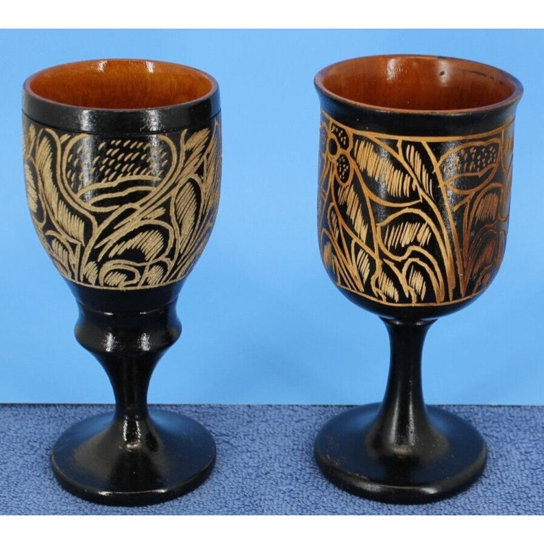 Wood Goblets Hand Carved Black Brown 7" Very Detailed - Etsy