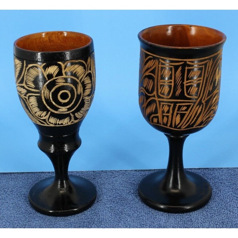 Wood Goblets Hand Carved Black Brown 7" Very Detailed - Etsy