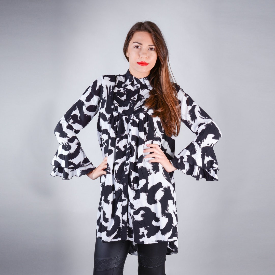 Black White Dramatic Ruffle Sleeve Button Front Shirt Tunic,plus Size ...