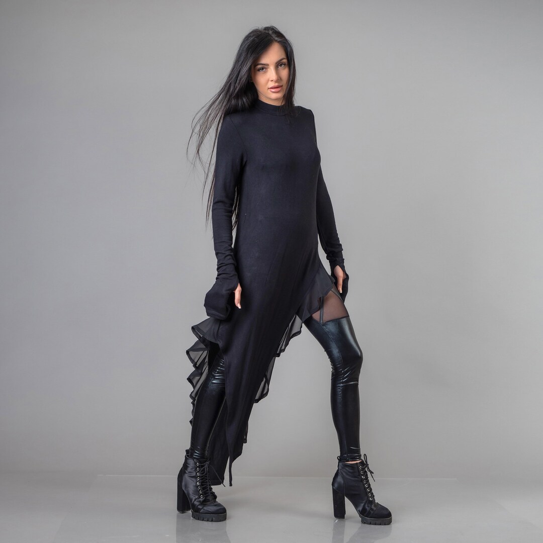 NEW Long Black Asymmetric Maxi Turtleneck Tunic,extravagant Casual ...