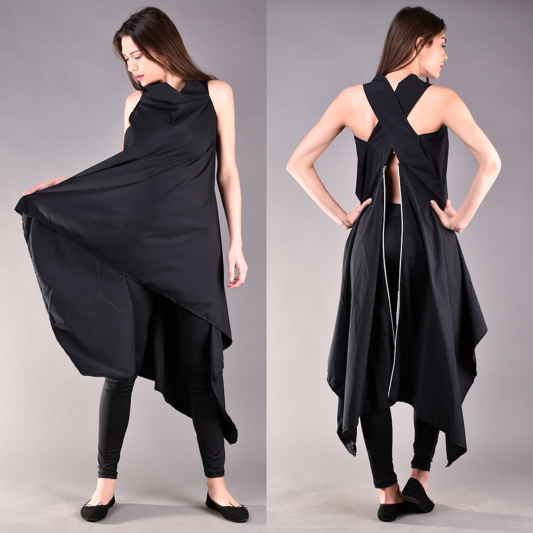 Black Asymmetric Tunic, Black Maxi Top, Extravagant Open Back Top ...