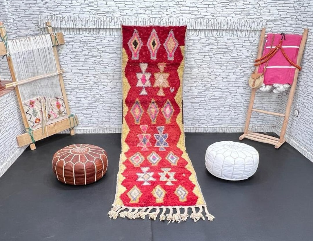 Handmade Berber Rug Runner: Red Geometric Moroccan Carpet (2.7x9.5 Ft ...