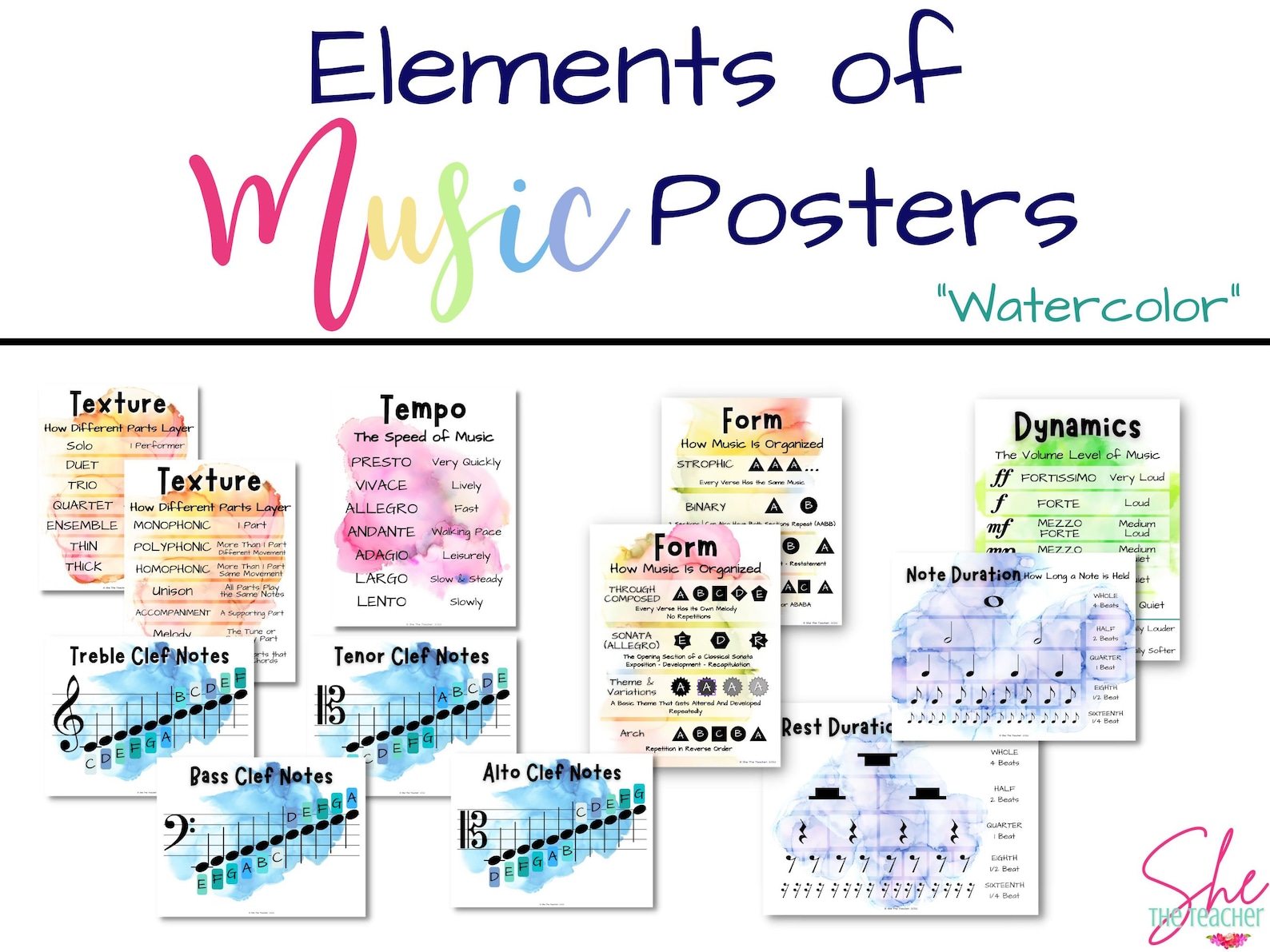 Elements of Music Posters - BUNDLE - Watercolor Theme | Music Classroom ...