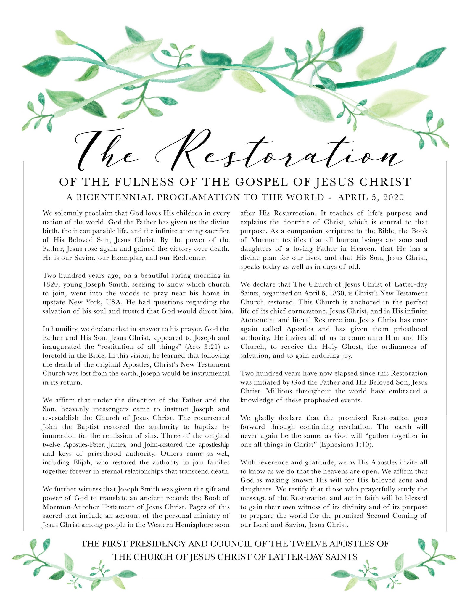LDS Bicentennial Restoration Proclamation & the Family A - Etsy LDS Bicentennial Restoration Proclamation & the Family A - Etsy