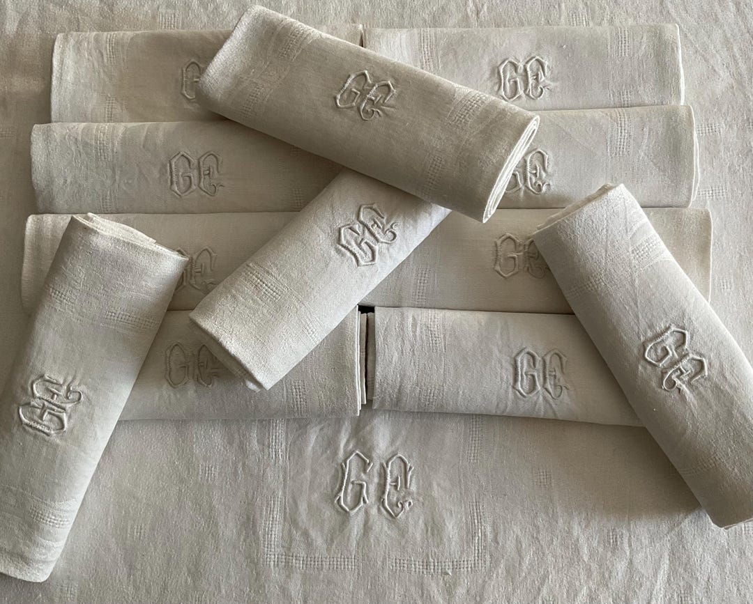 12 GE Monogrammed Hand Embroidered Vintage French Linen Damask Dinner ...