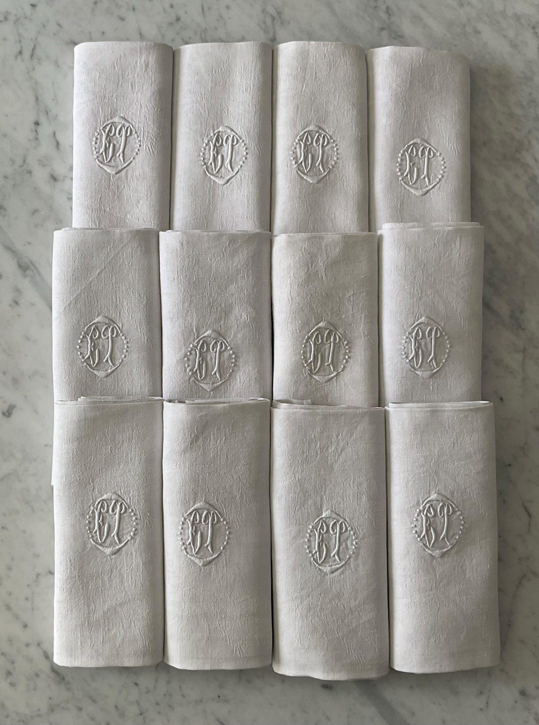 12 ET Monogrammed Dinner Napkins, Floppy Thick Linen, Vintage French ...