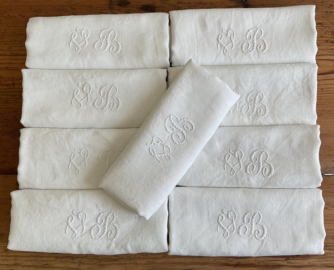 9 Huge VB Hand Embroidered Vintage French Linen Damask Dinner Napkins ...