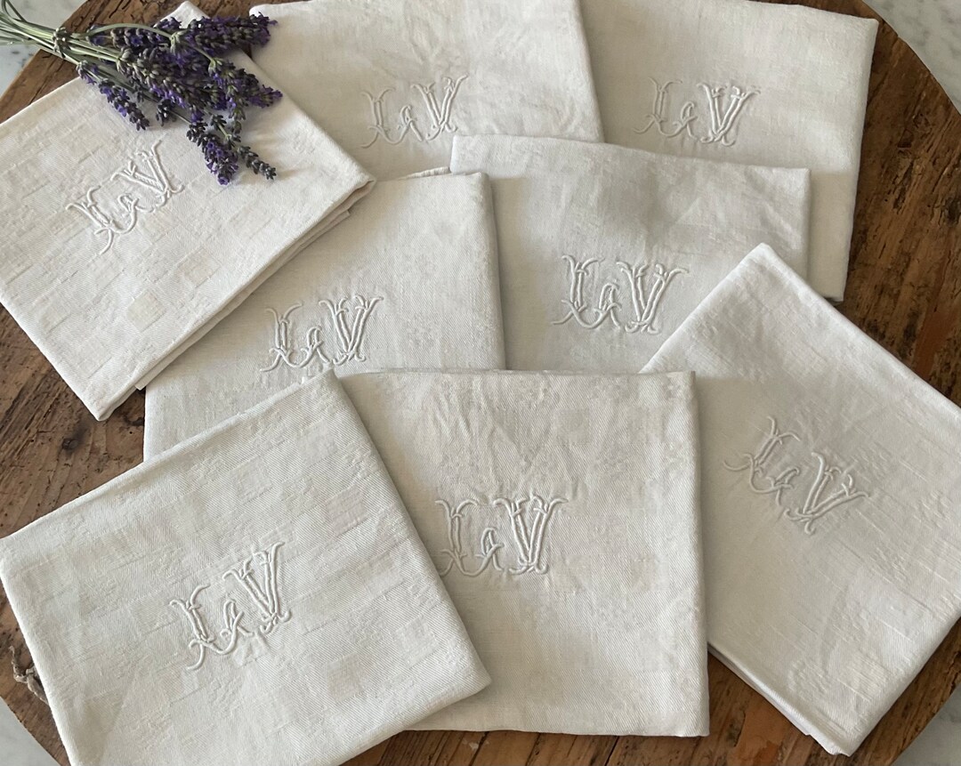 8 Vintage French Napkins, Monogrammed LV, Thick Cotton Damask, Hand ...