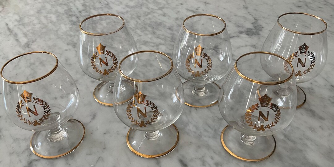 6 Vintage Monogrammed N napoleon Brandy Glasses, Gold Colored Trim and ...
