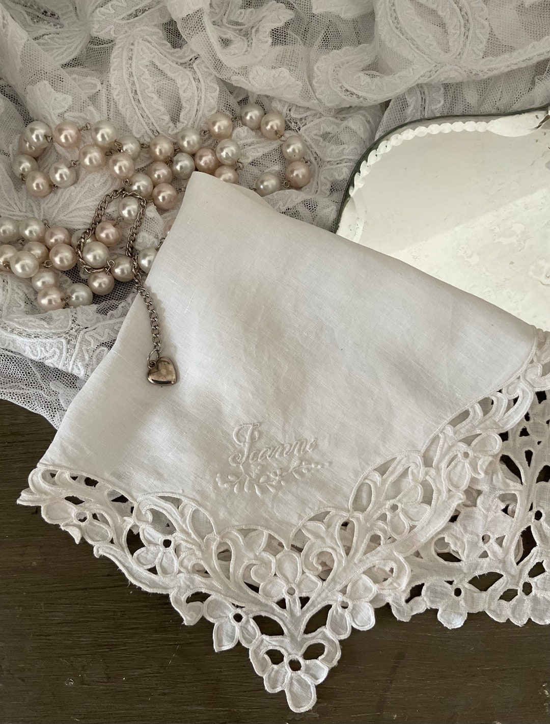 Vintage Hand Embroidered (bridal) Hand Kerchief for 'jeanne', Richelieu ...