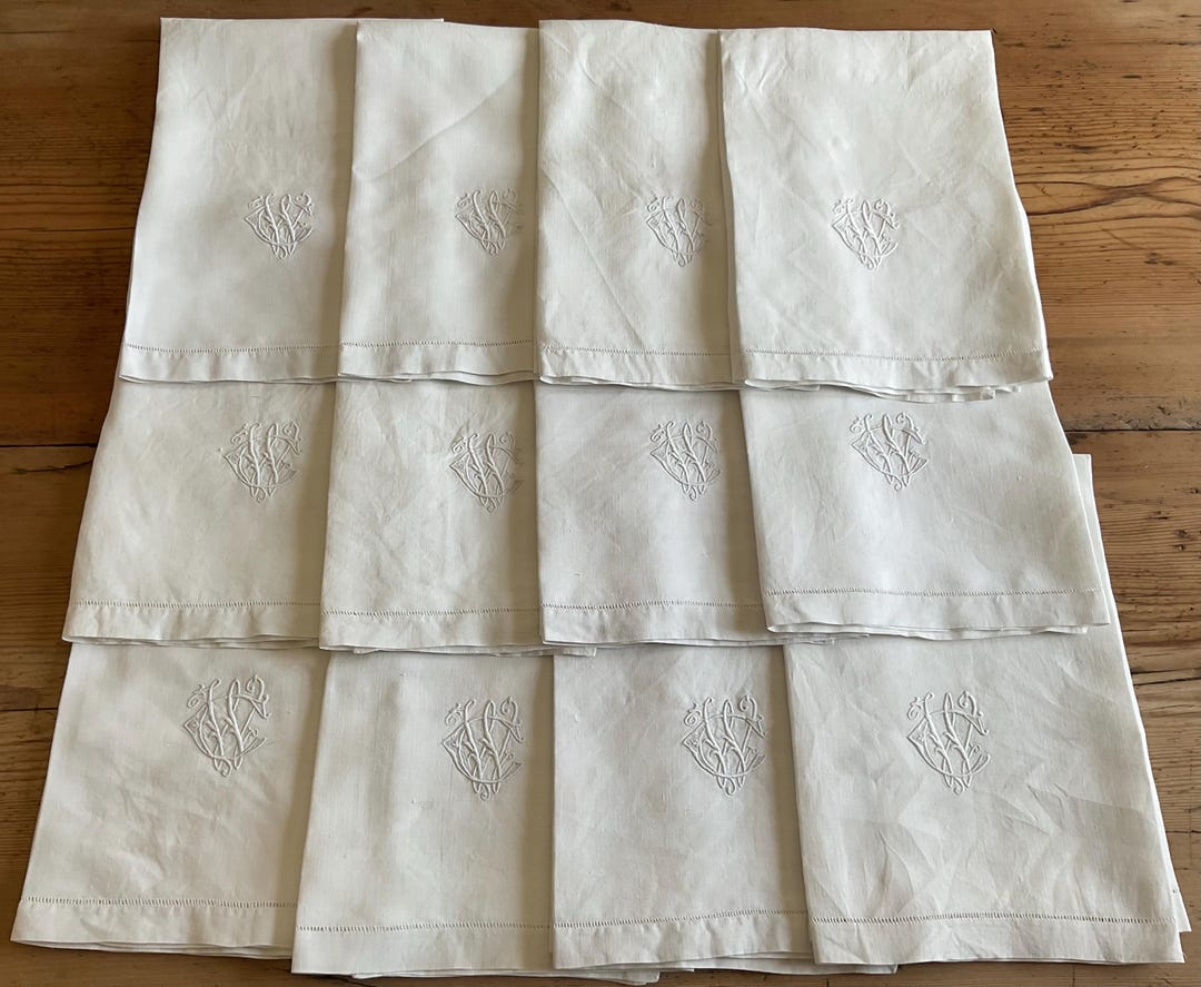 FABULOUS CW or WC Monogrammed Dinner Napkins, Silky Floppy White Linen ...